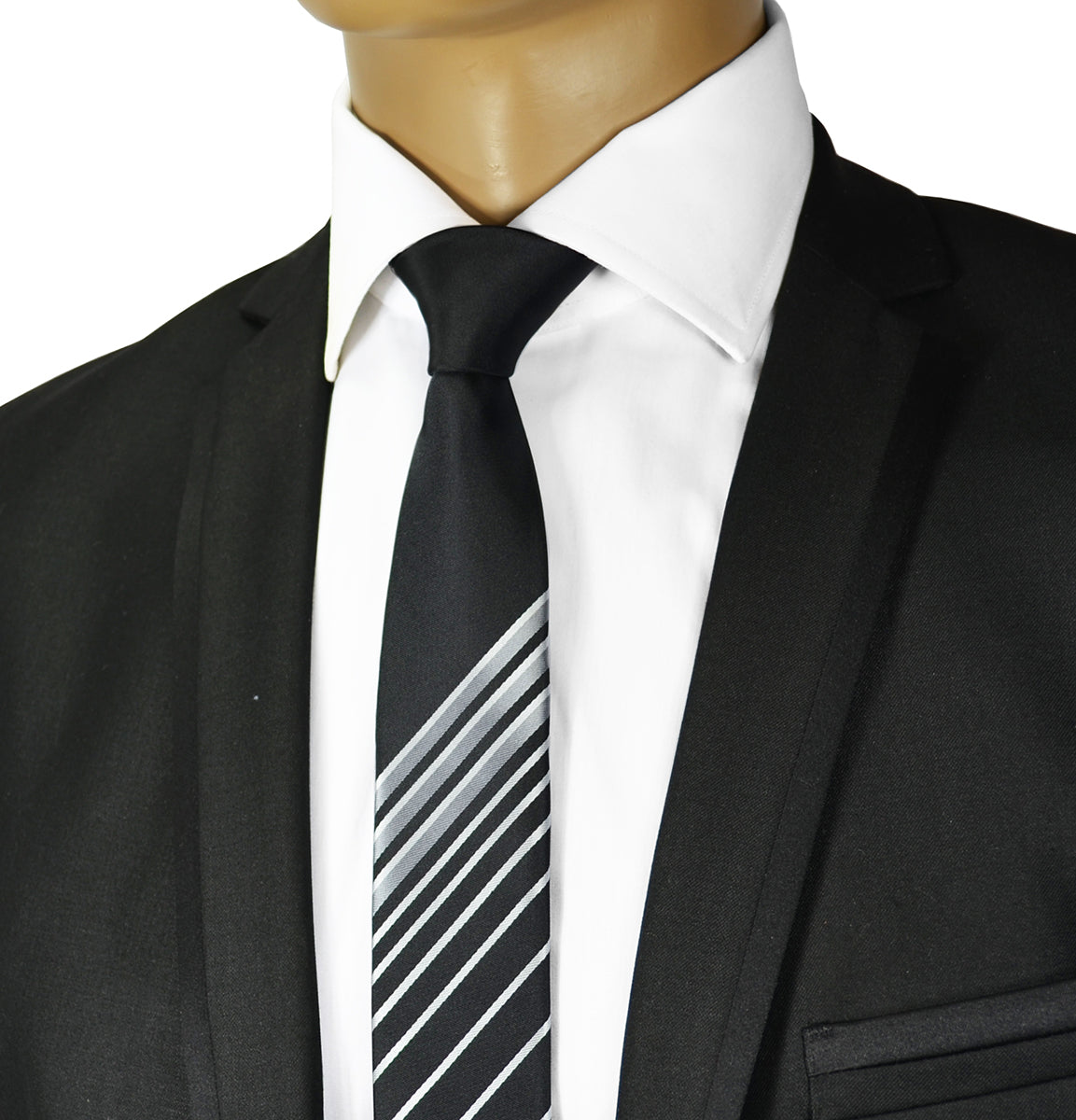 Black and Silver Striped Slim Panel Tie | Paul Malone