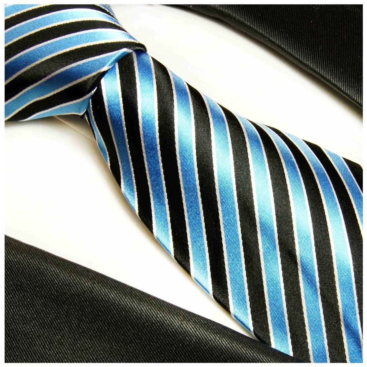 Cyan Blue and Black Striped Silk Tie Set | Paul Malone