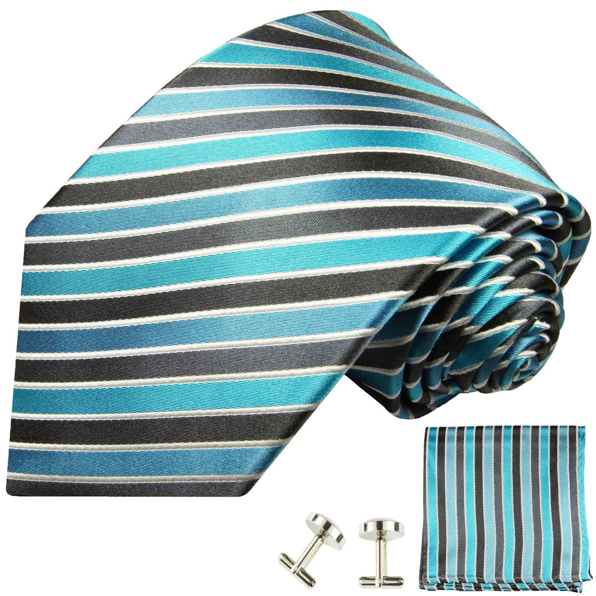 Cyan Blue and Black Striped Silk Tie Set | Paul Malone
