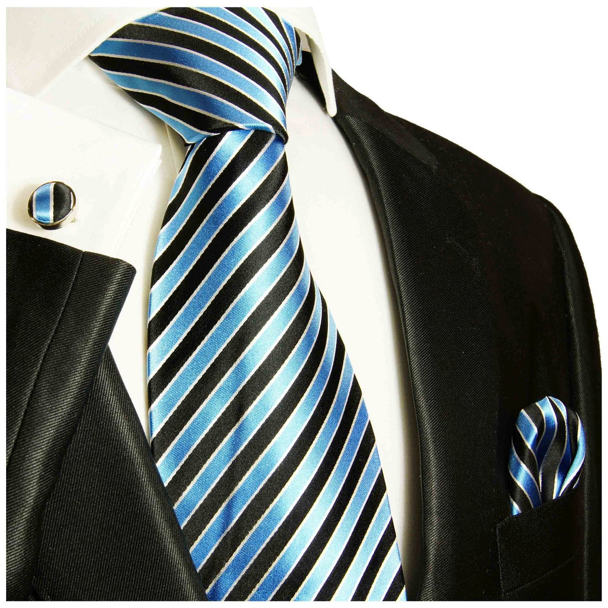 Cyan Blue and Black Striped Silk Tie Set | Paul Malone